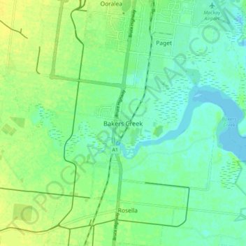 Mapa topográfico Bakers Creek, altitud, relieve