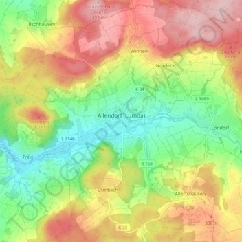 Mapa topográfico Allendorf, altitud, relieve