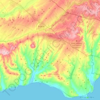 Mapa topográfico Çorlu, altitud, relieve